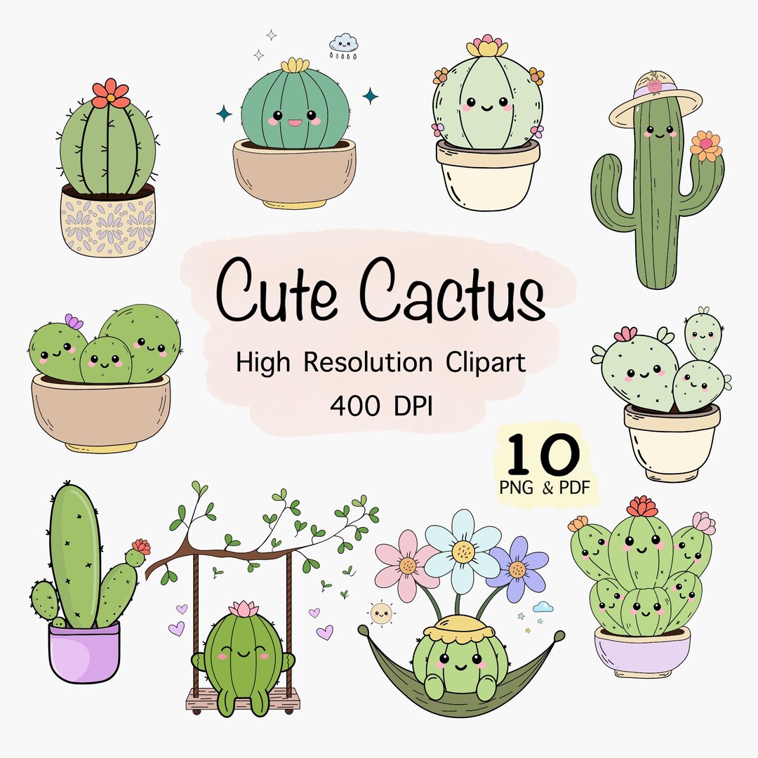 Kawaii Cactus Clipart Bundle: Succulent PNG and PDF Stickers (digital ...