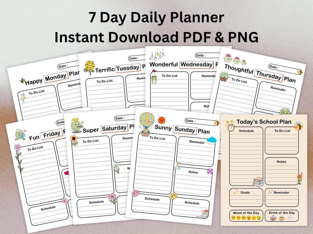 Daily Planner Printable Set (monday–sunday) Today’s School Plan | Cute ...