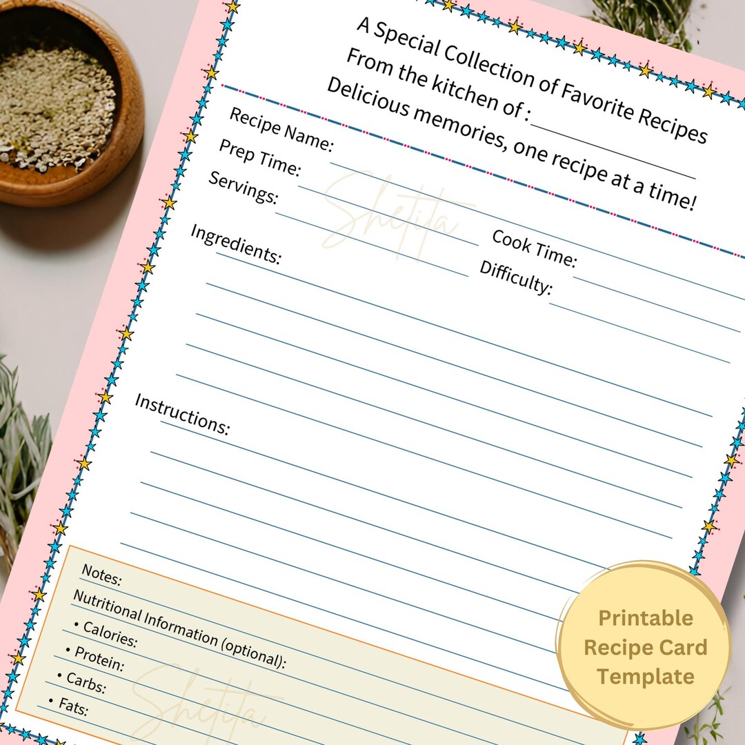 Printable Recipe Card Template 8.5x11, Stylish Digital Recipe Cards ...