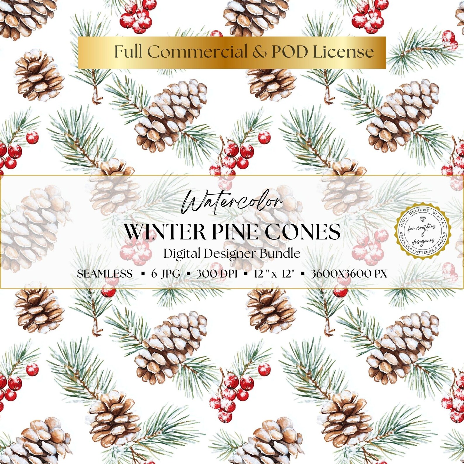 Pine Cones Digital Papers, 6 Seamless Winter Patterns, Pine Branch ...