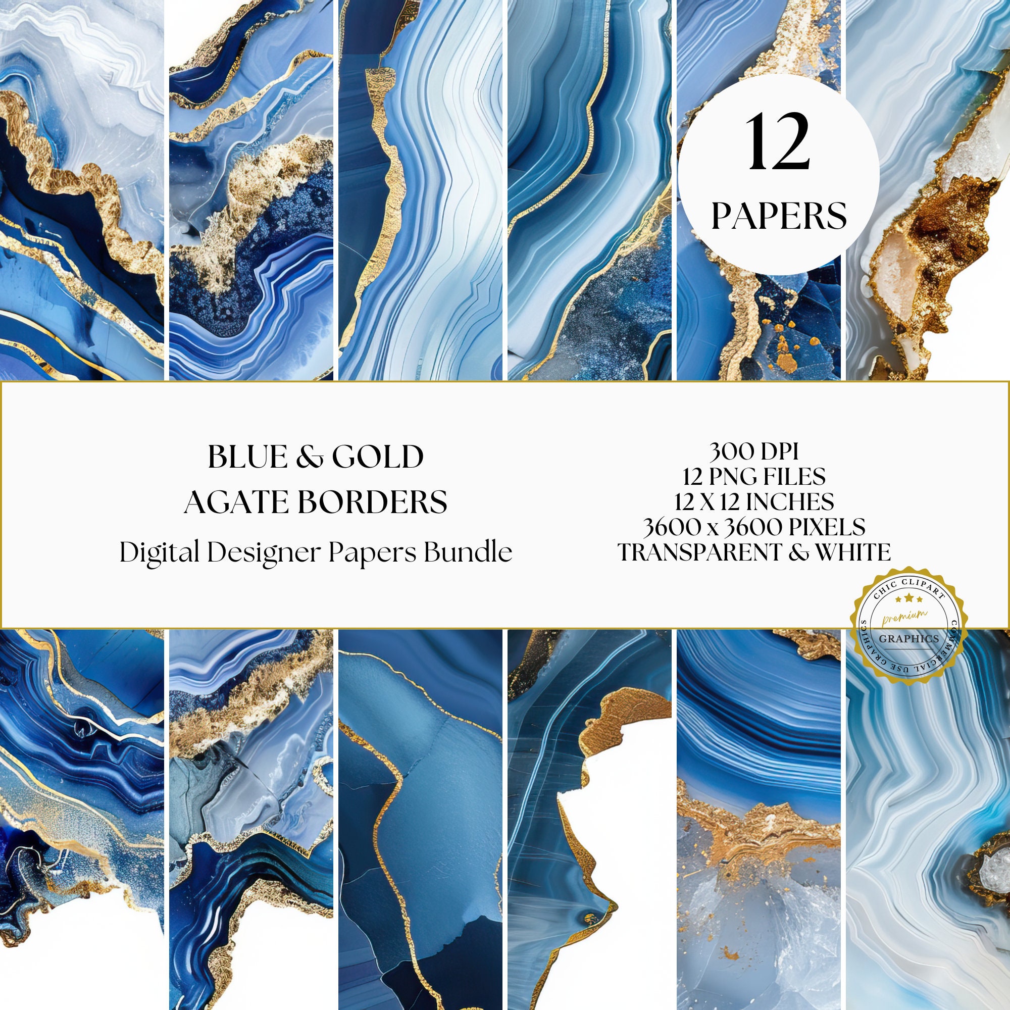 Blue & Gold Agate Borders, Marble Texture Clipart, 12 PNG, 300 DPI ...