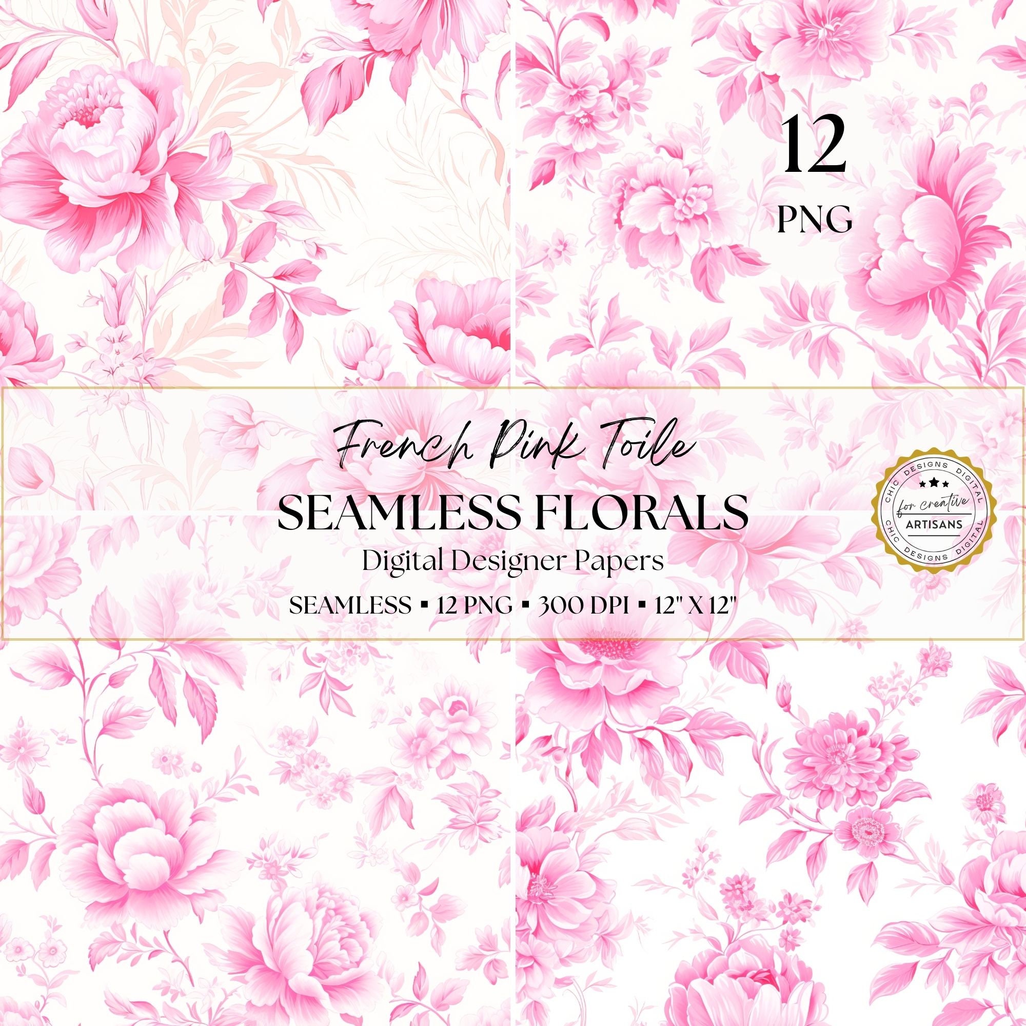 French Pink Floral Toile De Jouy Digital Paper, 12 Seamless Patterns ...