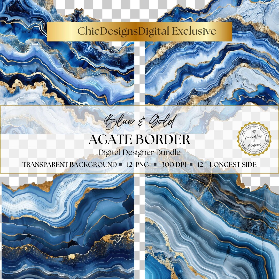 Blue & Gold Agate Borders, Luxury Marble Geode Clipart, PNG Overlay ...