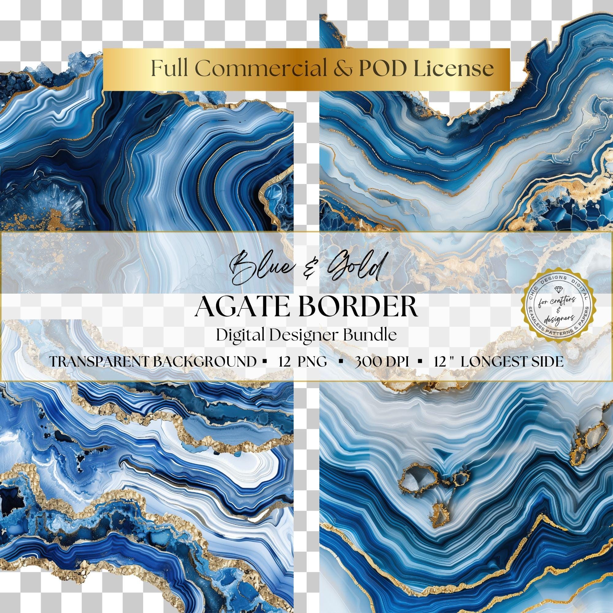 Blue & Gold Agate Borders, Marble Texture Geode Elements, PNG Overlays ...