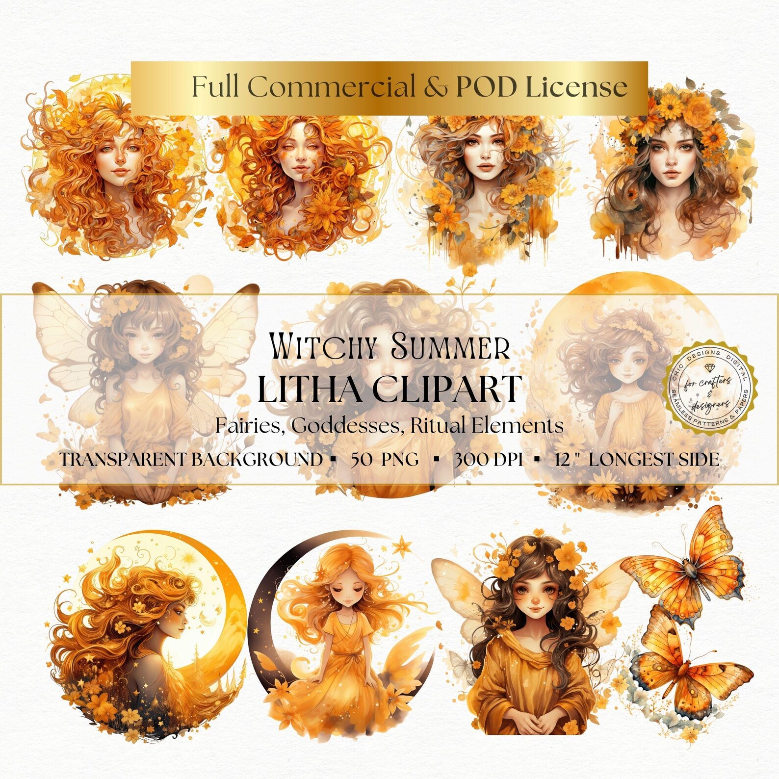 Litha PNG Clipart Bundle: Summer Solstice Goddesses, Fairies, Florals ...