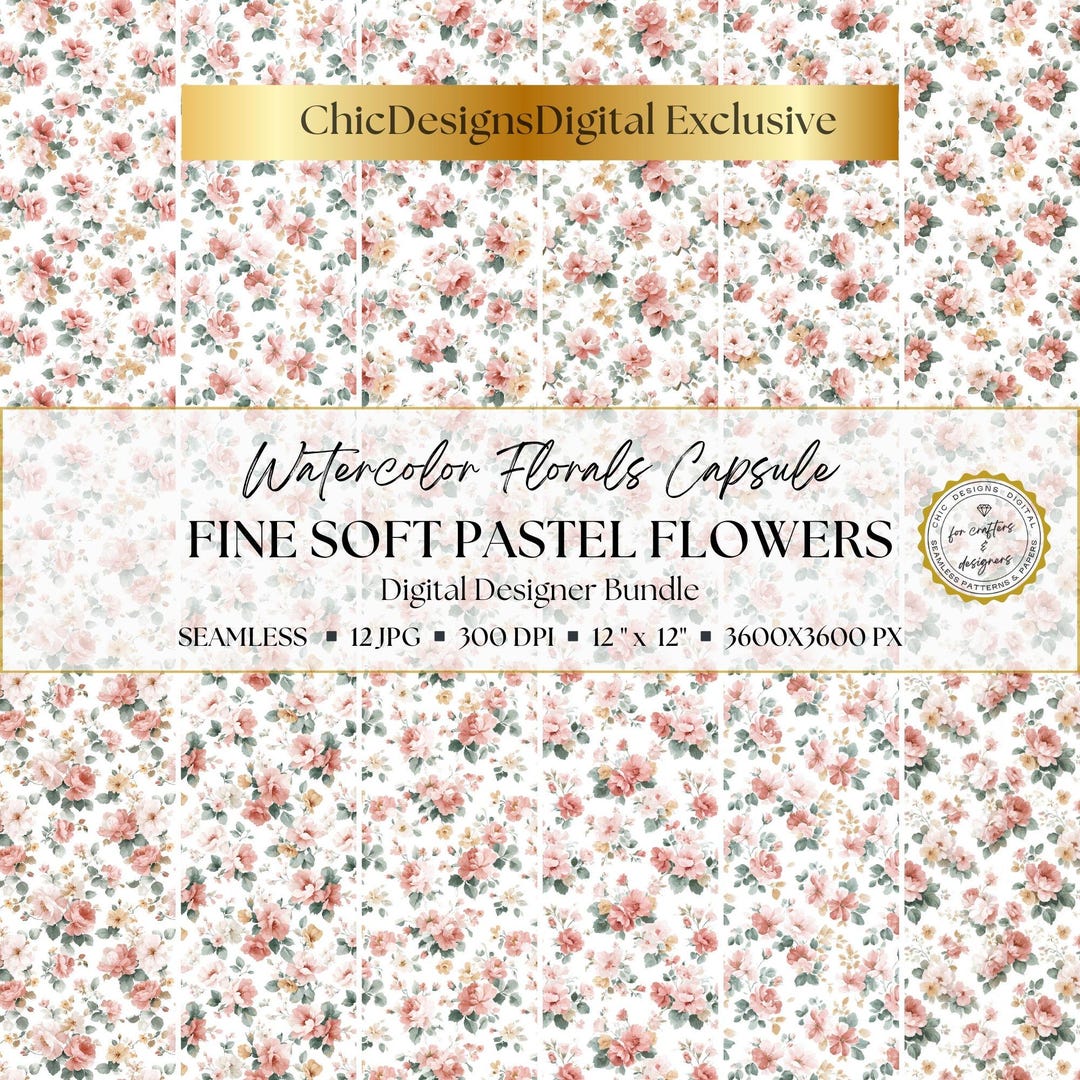 Soft Pastel Floral Digital Papers: 12 Small Scale Seamless Patterns ...