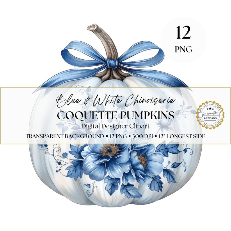 Blue & White Coquette Pumpkin Clipart, Floral Pumpkin PNG Bundle ...