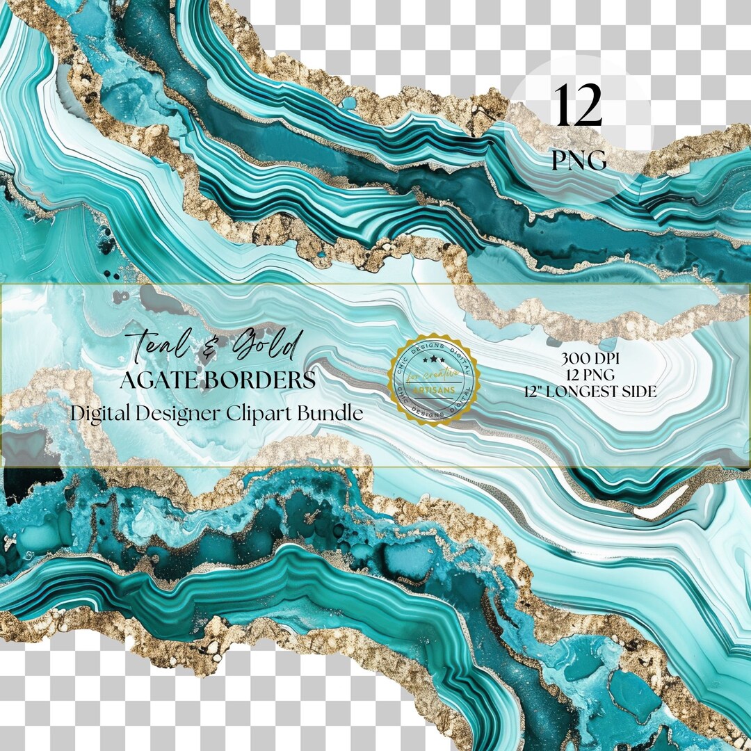 Teal & Gold Agate Borders, Marble Texture Clipart, 12 Pngs, 300 DPI ...