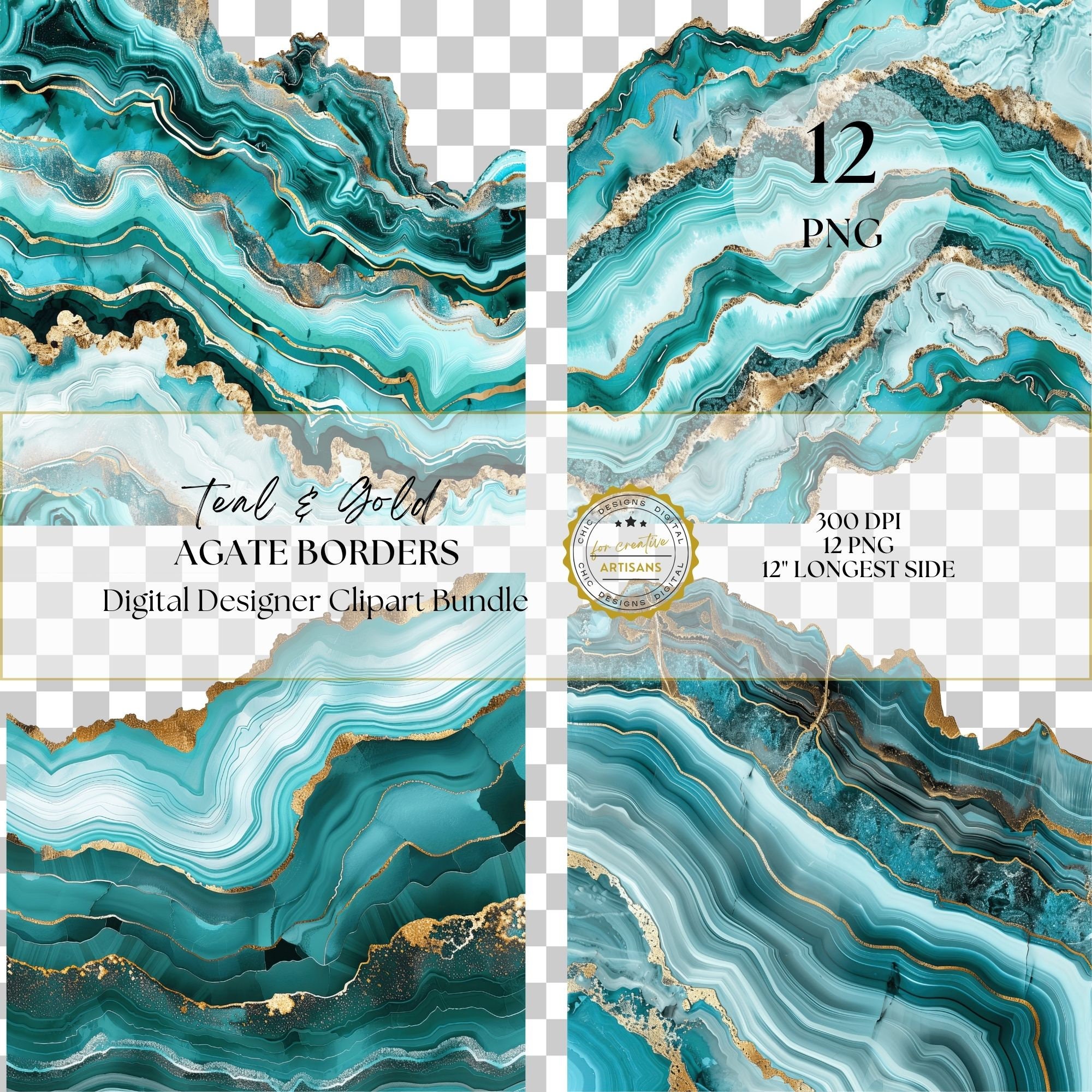 Teal & Gold Agate Borders, Marble Texture Clipart, 12 Pngs, 300 DPI ...