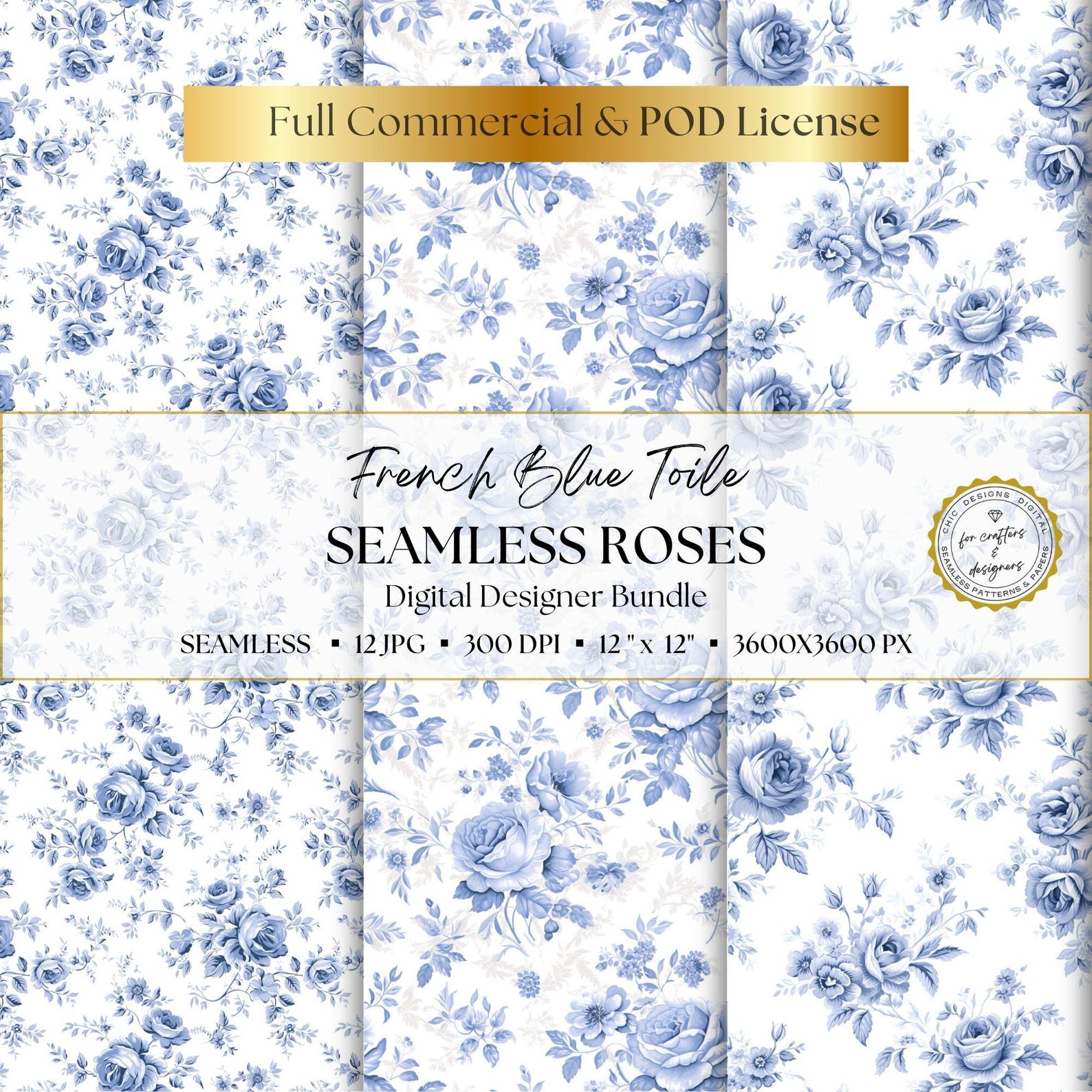 French Blue Roses Toile De Jouy Digital Paper, 12 Seamless Patterns ...