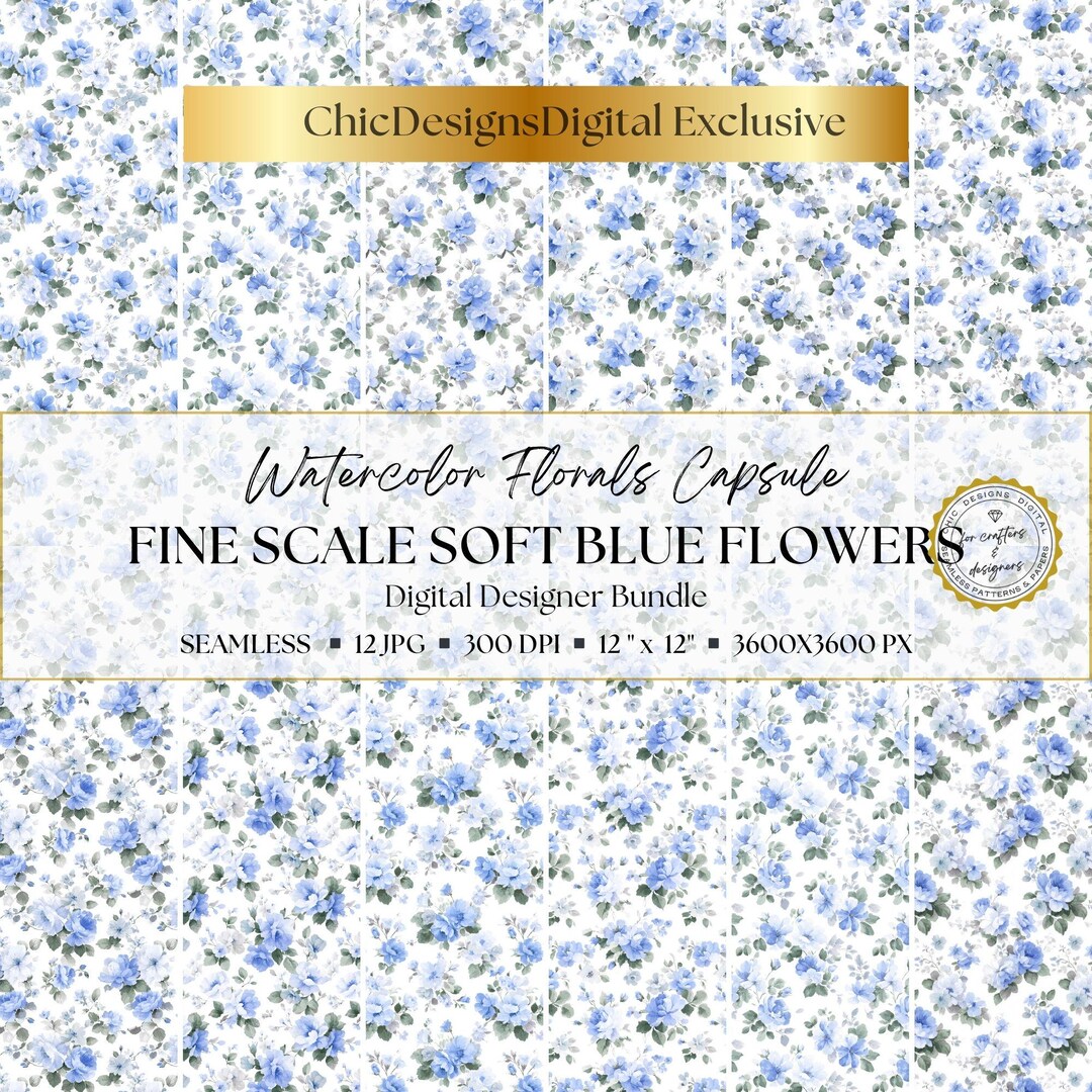 Soft Blue Watercolor Floral Digital Papers: Small Scale Seamless ...