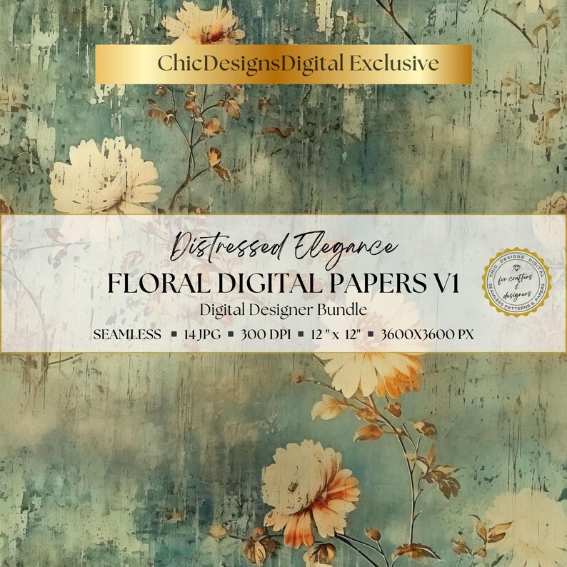 Distressed Floral Digital Papers: 14 Seamless Vintage Background ...