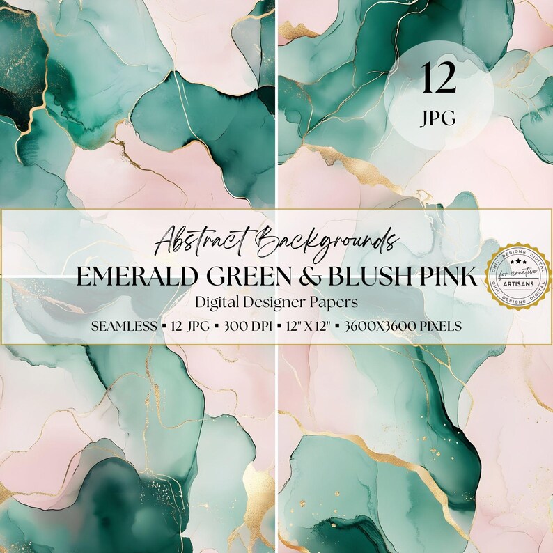 12 Abstract Digital Papers, Emerald Green & Blush Pink Backgrounds With ...