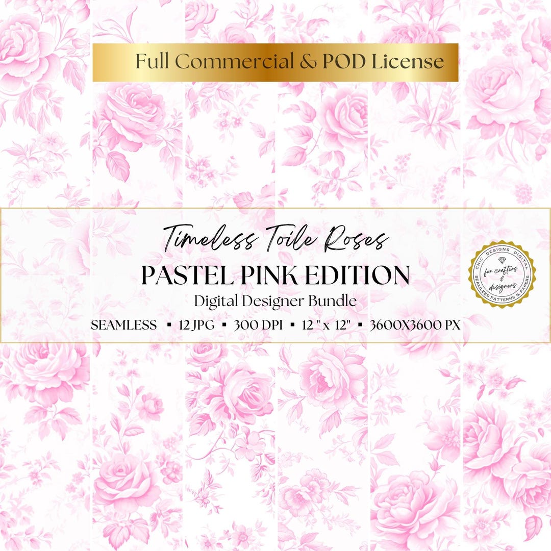 Pink Roses Toile De Jouy Digital Paper, 12 Floral Seamless Patterns ...