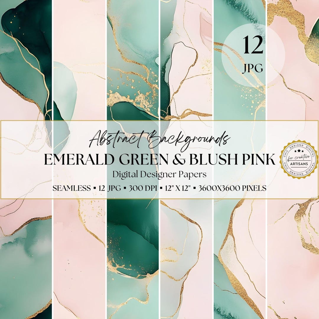 12 Abstract Digital Papers, Emerald Green & Blush Pink Backgrounds With ...