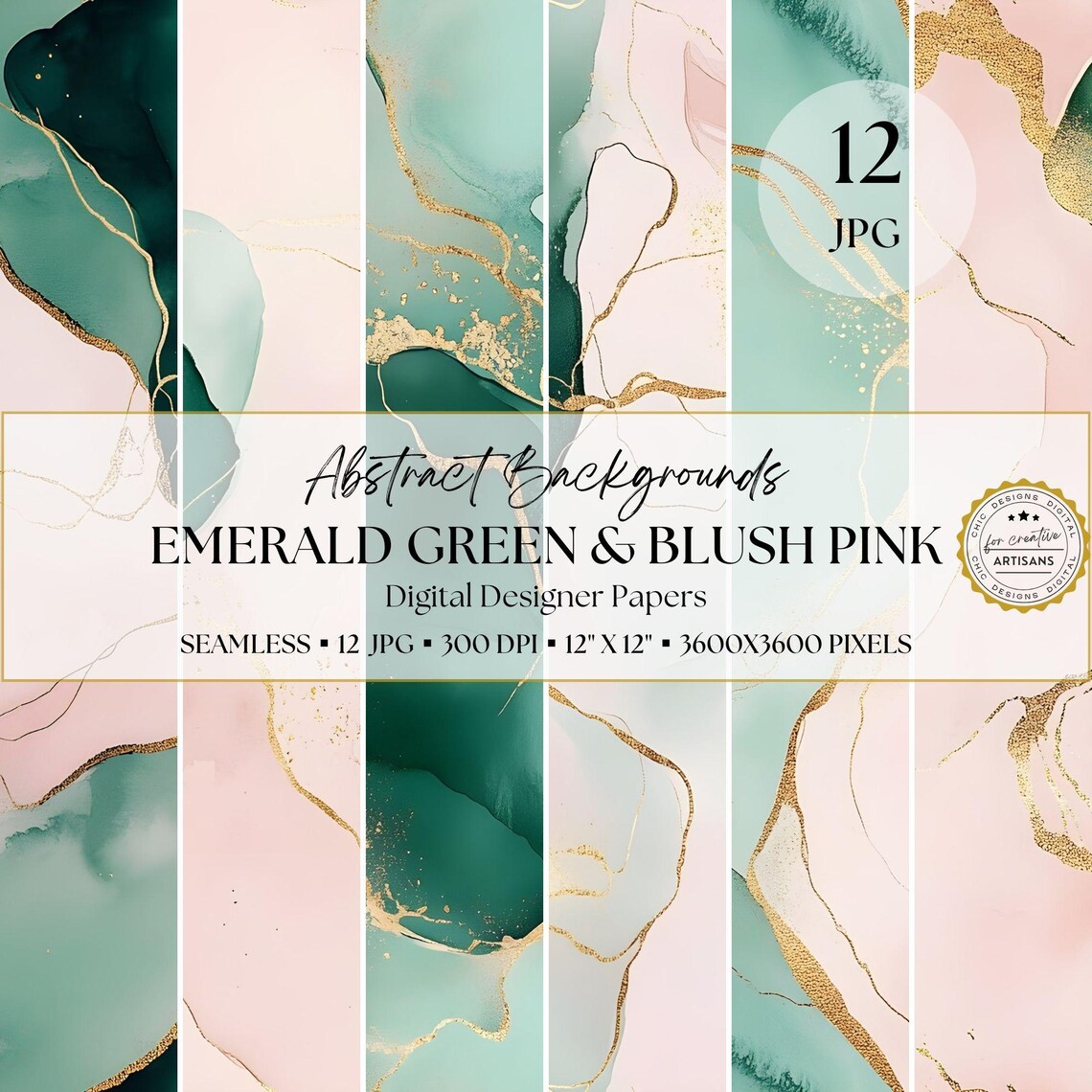 12 Abstract Digital Papers, Emerald Green & Blush Pink Backgrounds With ...