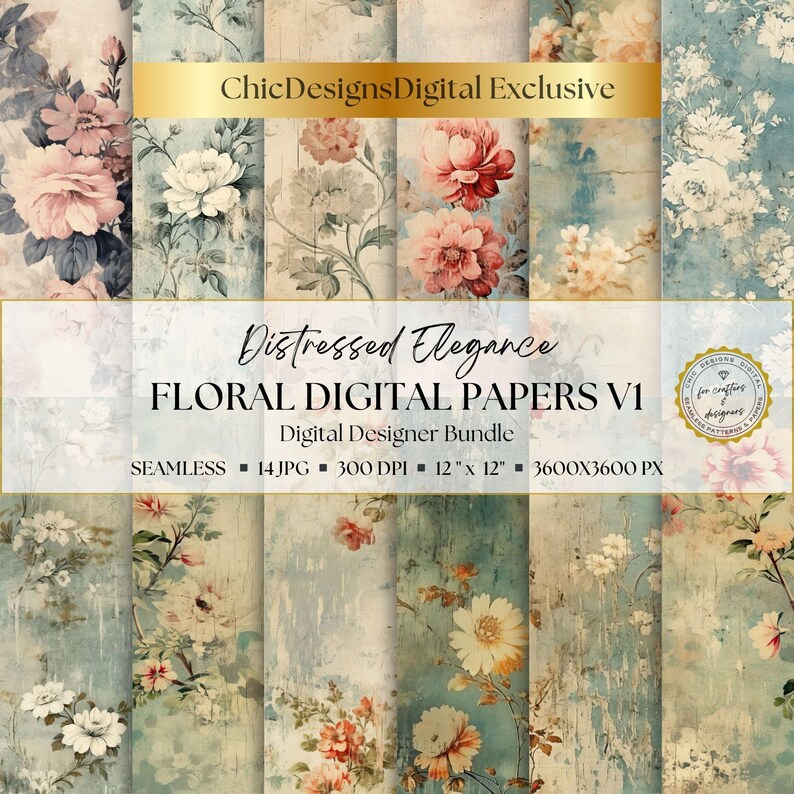 Distressed Floral Digital Papers: 14 Seamless Vintage Background ...