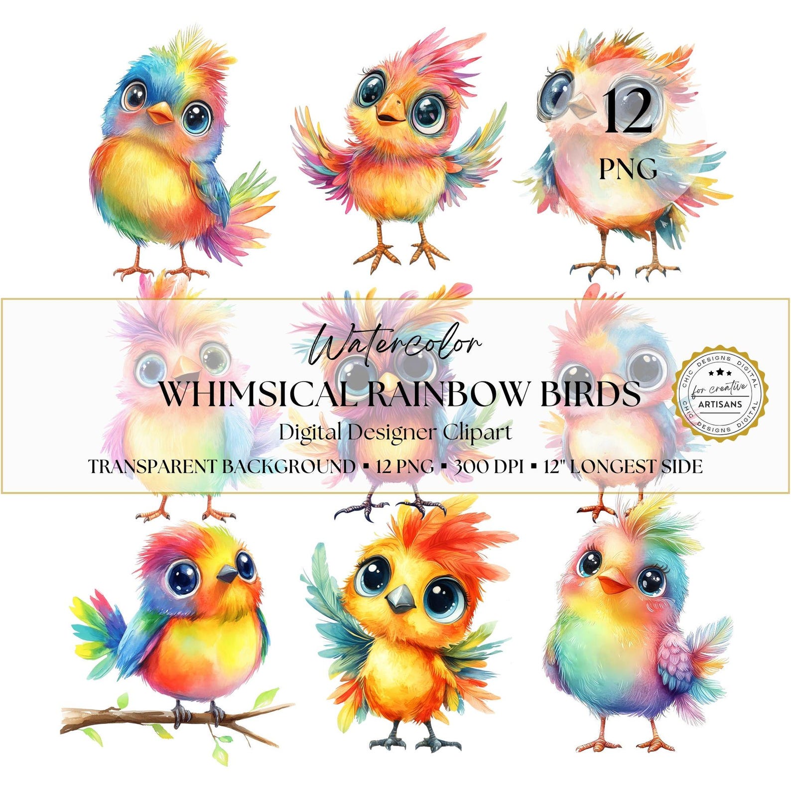 12 Whimsical Birds PNG, Cute Rainbow Birds, Colorful Watercolor Clipart ...