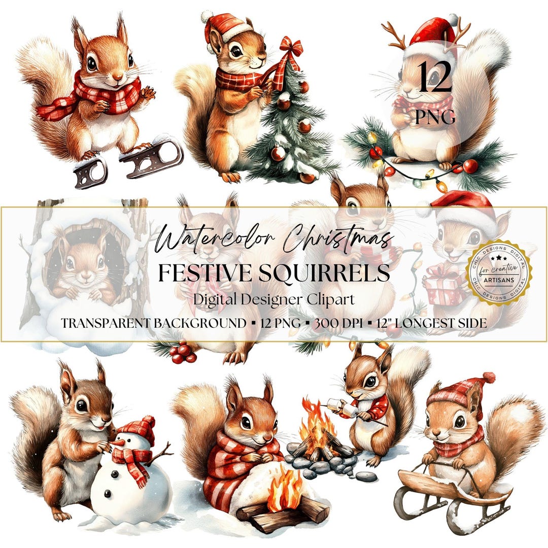 Watercolor Christmas Clipart, Whimsical Festive Squirrels, Cute Winter ...