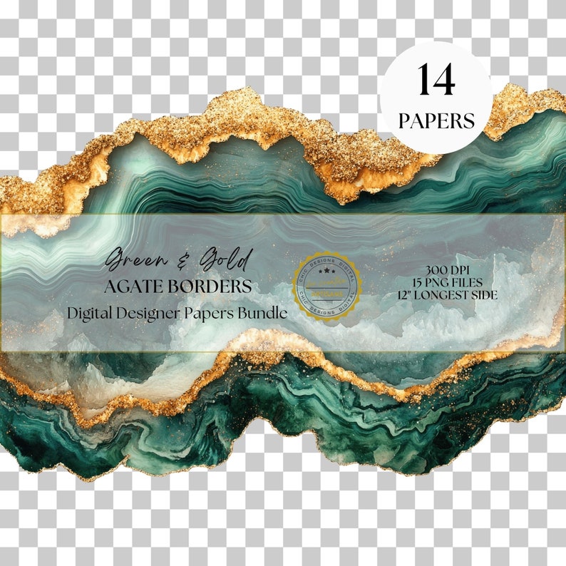 Green & Gold Agate Borders, Marble Texture Clipart, Digital Paper Pack ...