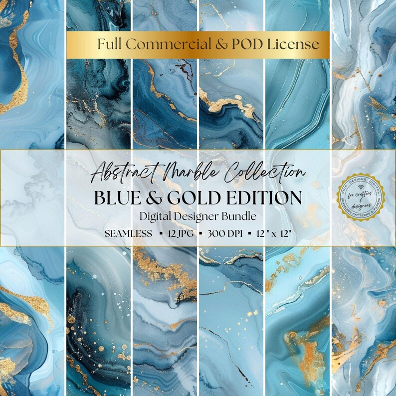 Abstract Marble Digital Paper Pack, Seamless Gold & Blue Texture ...