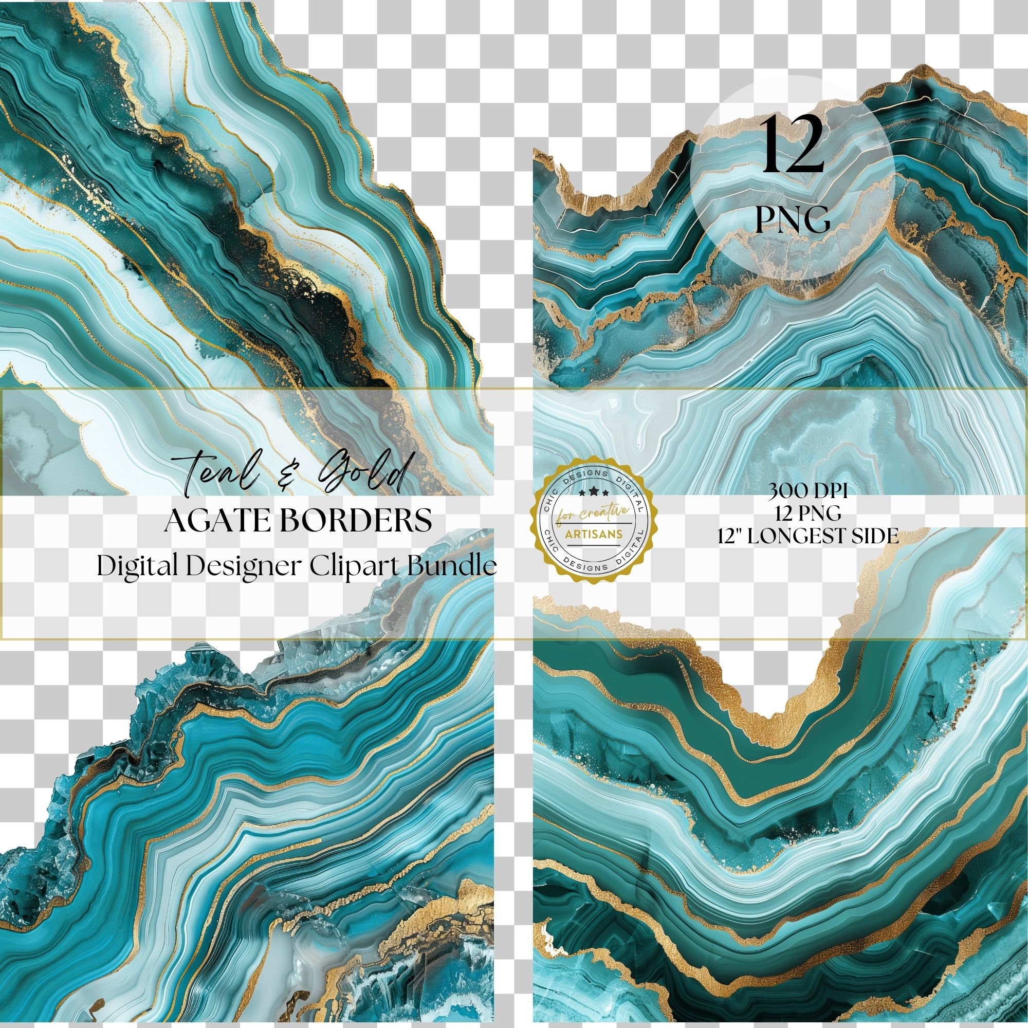 Teal & Gold Agate Borders, Marble Texture Clipart, 12 Pngs, 300 DPI ...