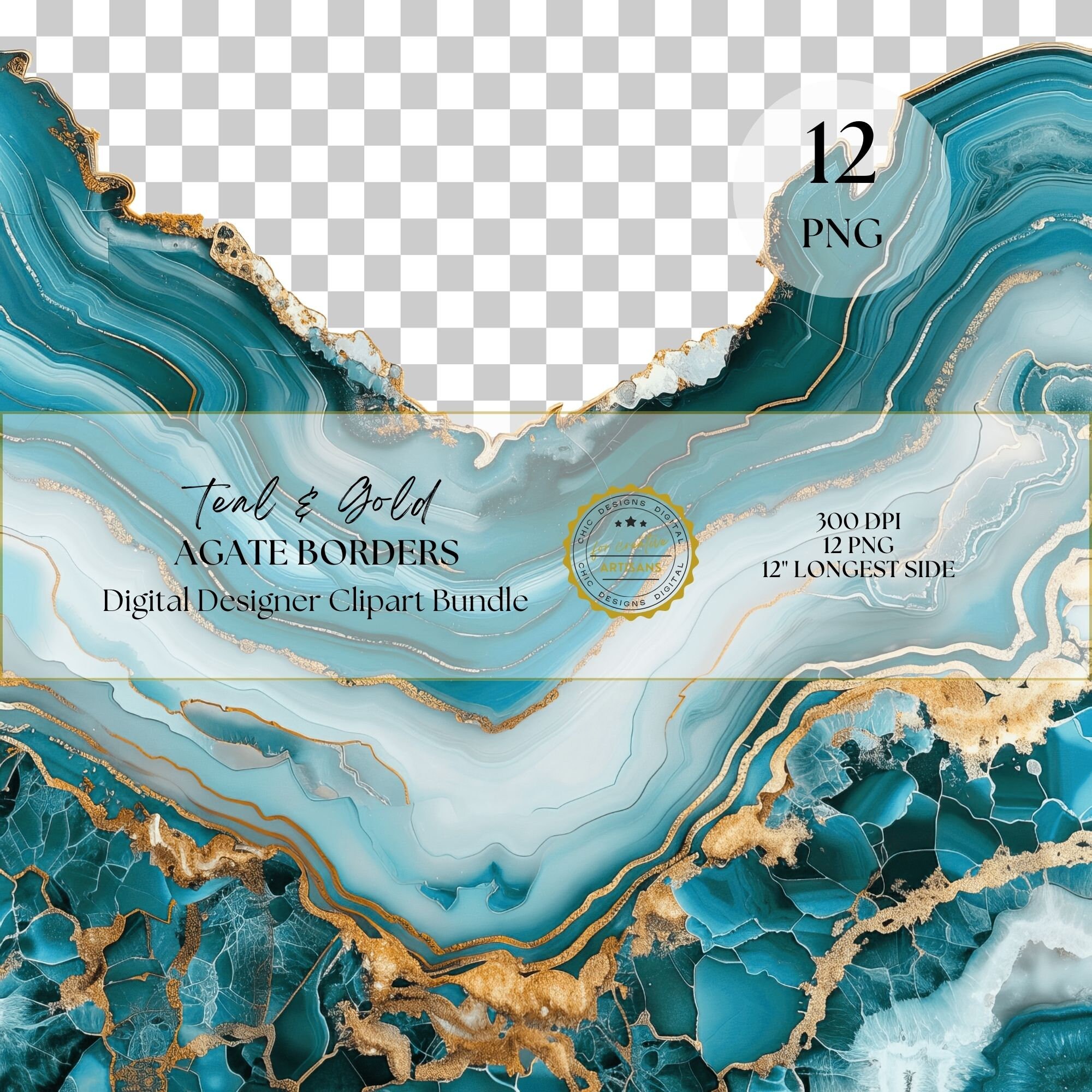 Teal & Gold Agate Borders, Marble Texture Clipart, 12 Pngs, 300 DPI ...