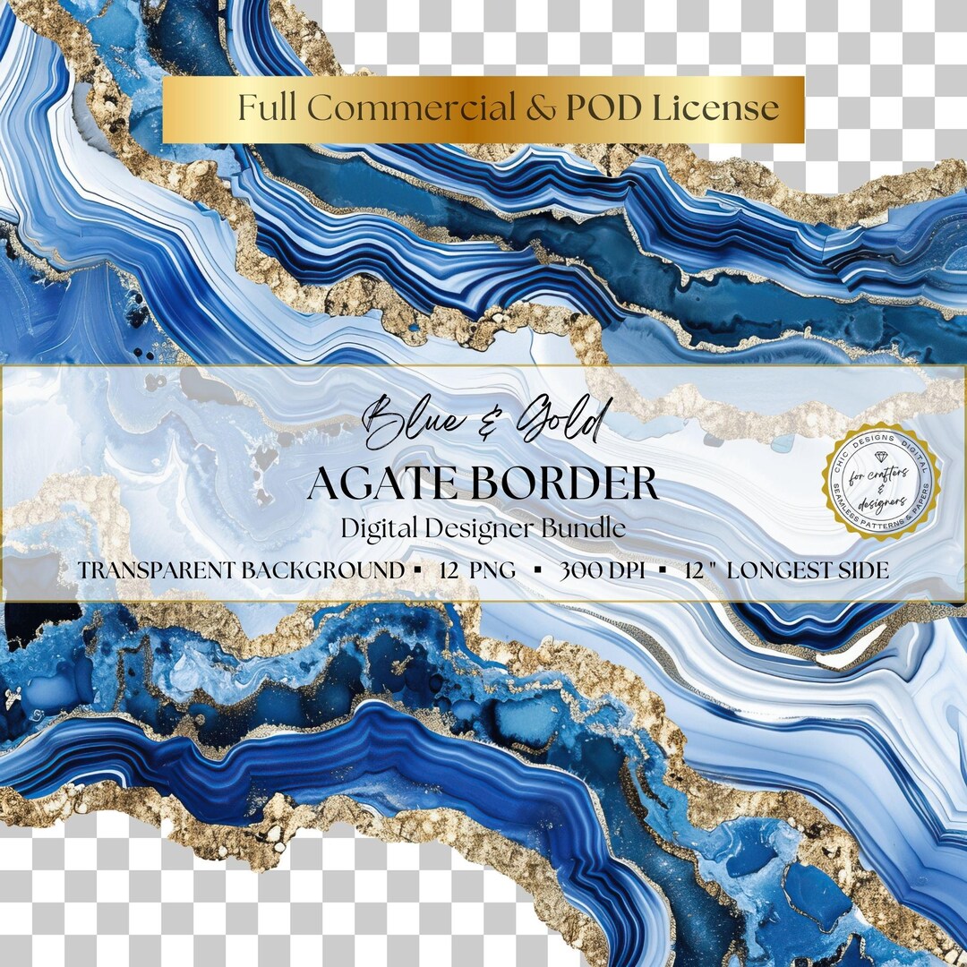 Blue & Gold Agate Borders, Marble Texture Geode Elements, PNG Overlays ...