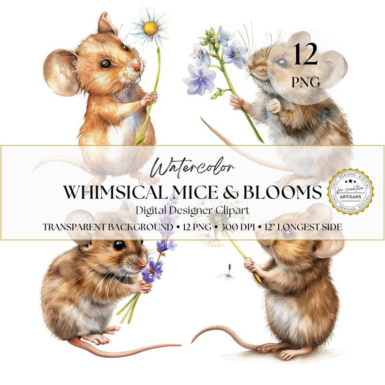 Mouse and Flowers Watercolor Clipart, Cute Mice Mouse, 12 High Quality ...
