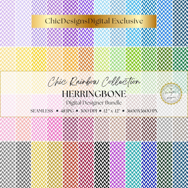 Rainbow Herringbone Digital Papers: 48 Seamless Geometric Patterns for ...