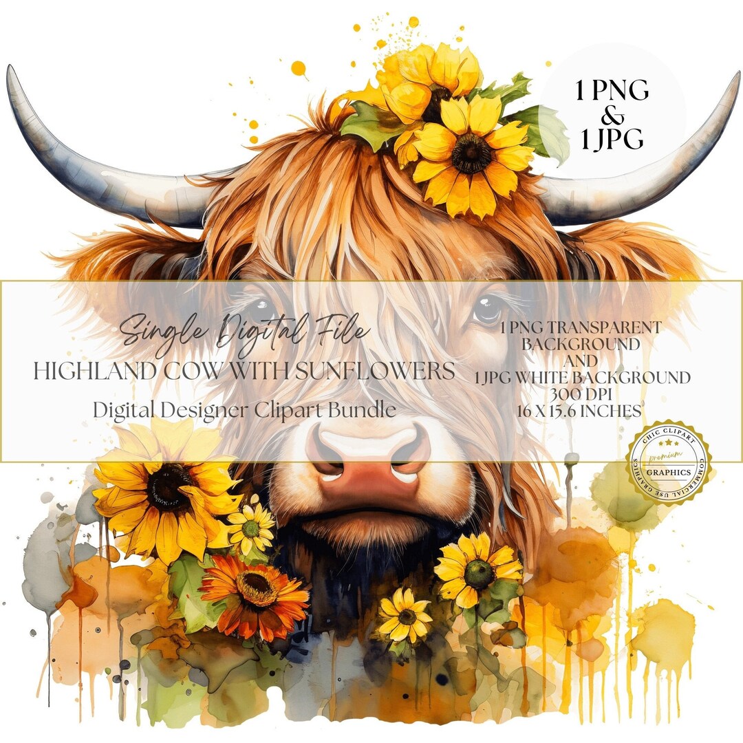 Highland Cow With Sunflowers, PNG JPG, Sublimination Design, Design for ...
