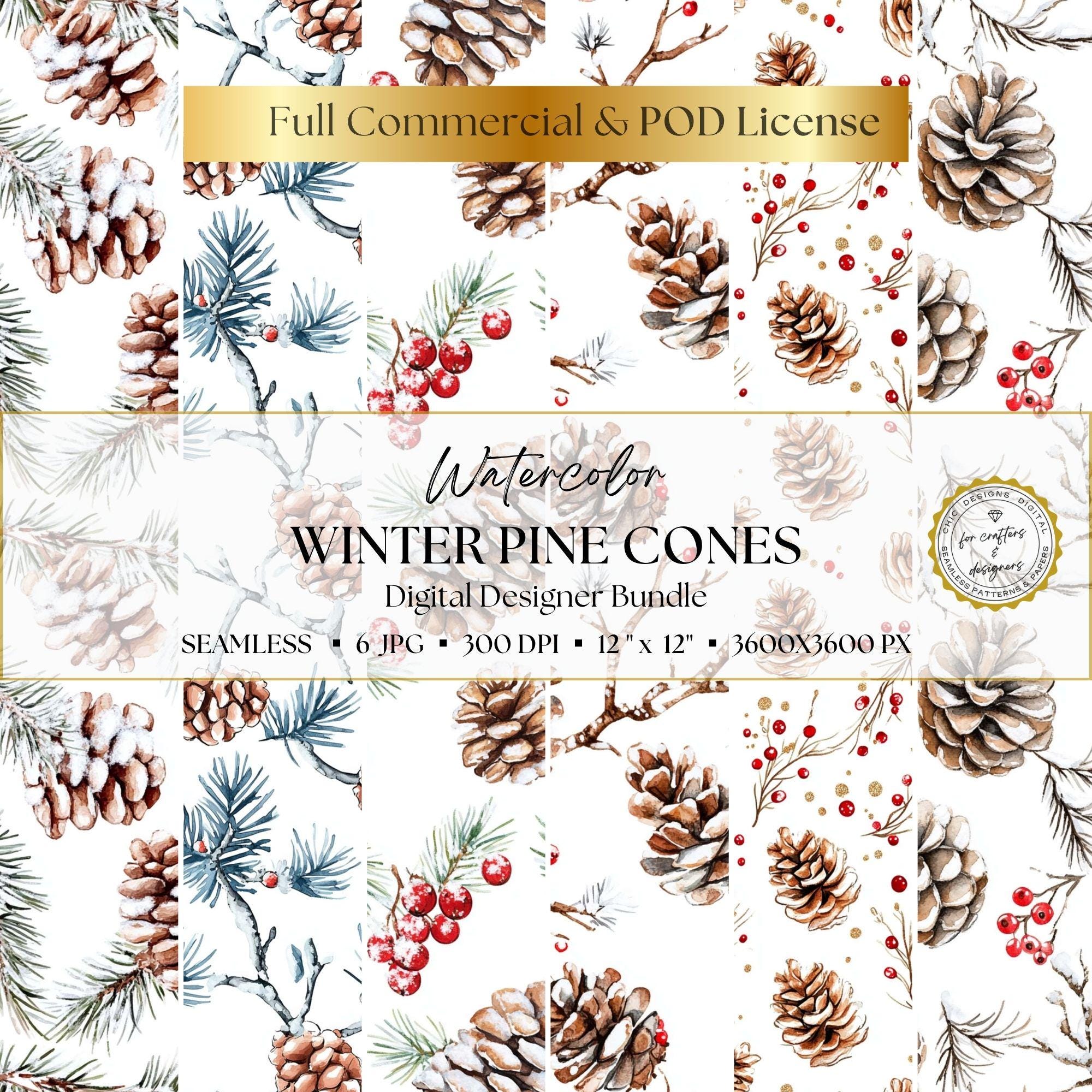 Pine Cones Digital Papers, 6 Seamless Winter Patterns, Pine Branch ...