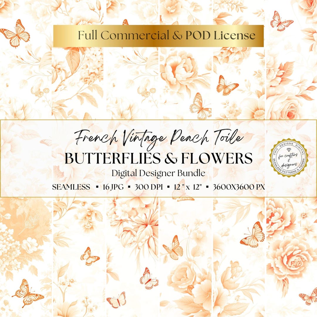 Peach Toile Digital Papers: 16 Seamless Shabby Chic Vintage Floral ...