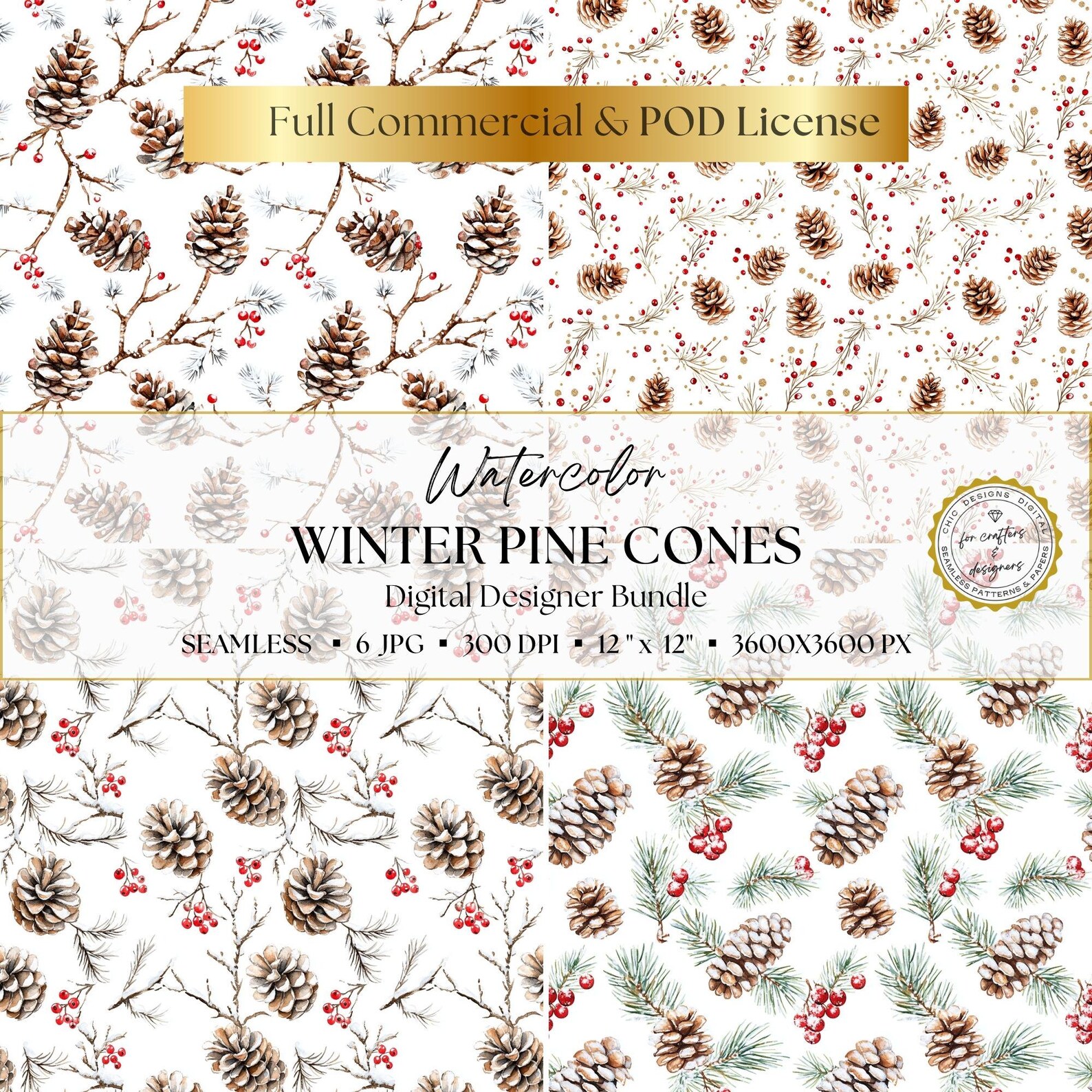 Pine Cones Digital Papers, 6 Seamless Winter Patterns, Pine Branch ...