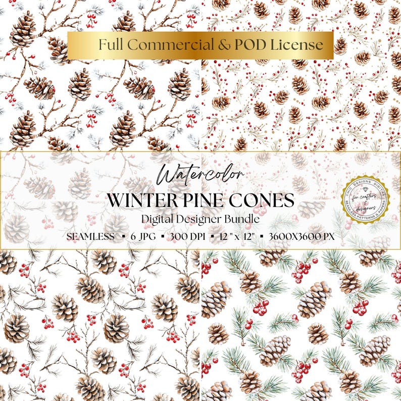 Pine Cones Digital Papers, 6 Seamless Winter Patterns, Pine Branch ...