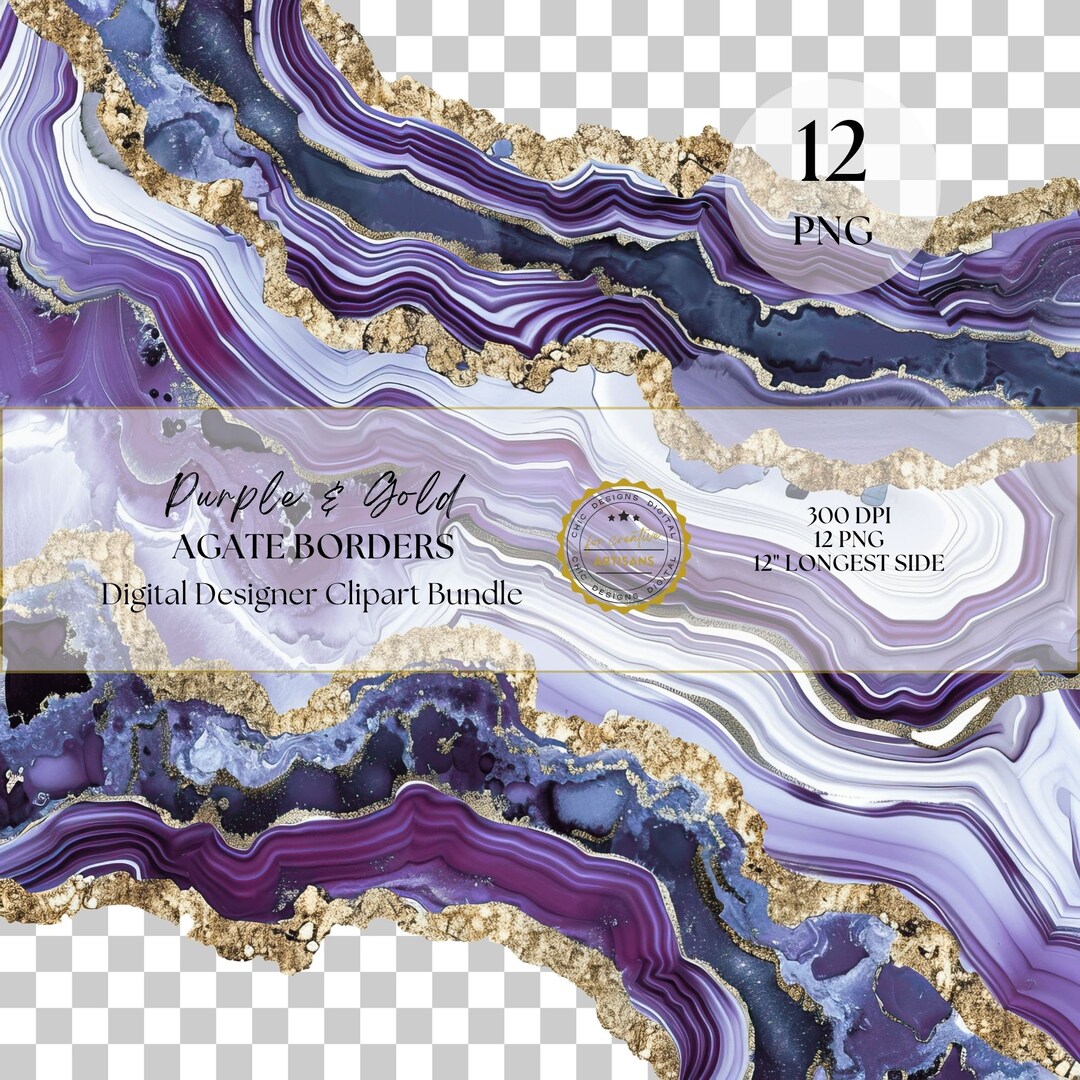 Purple & Gold Agate Borders, Marble Texture Clipart, Geode Design ...