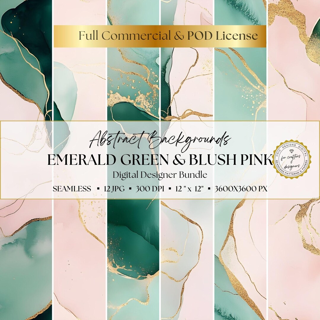 Marble Digital Paper, Blush Pink & Emerald Green Backgrounds With Gold ...
