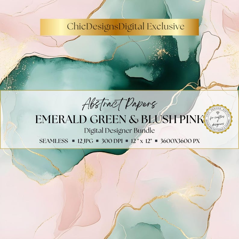 Alcohol Ink Digital Papers in Green, Pink & Gold: 12 Seamless Abstract ...