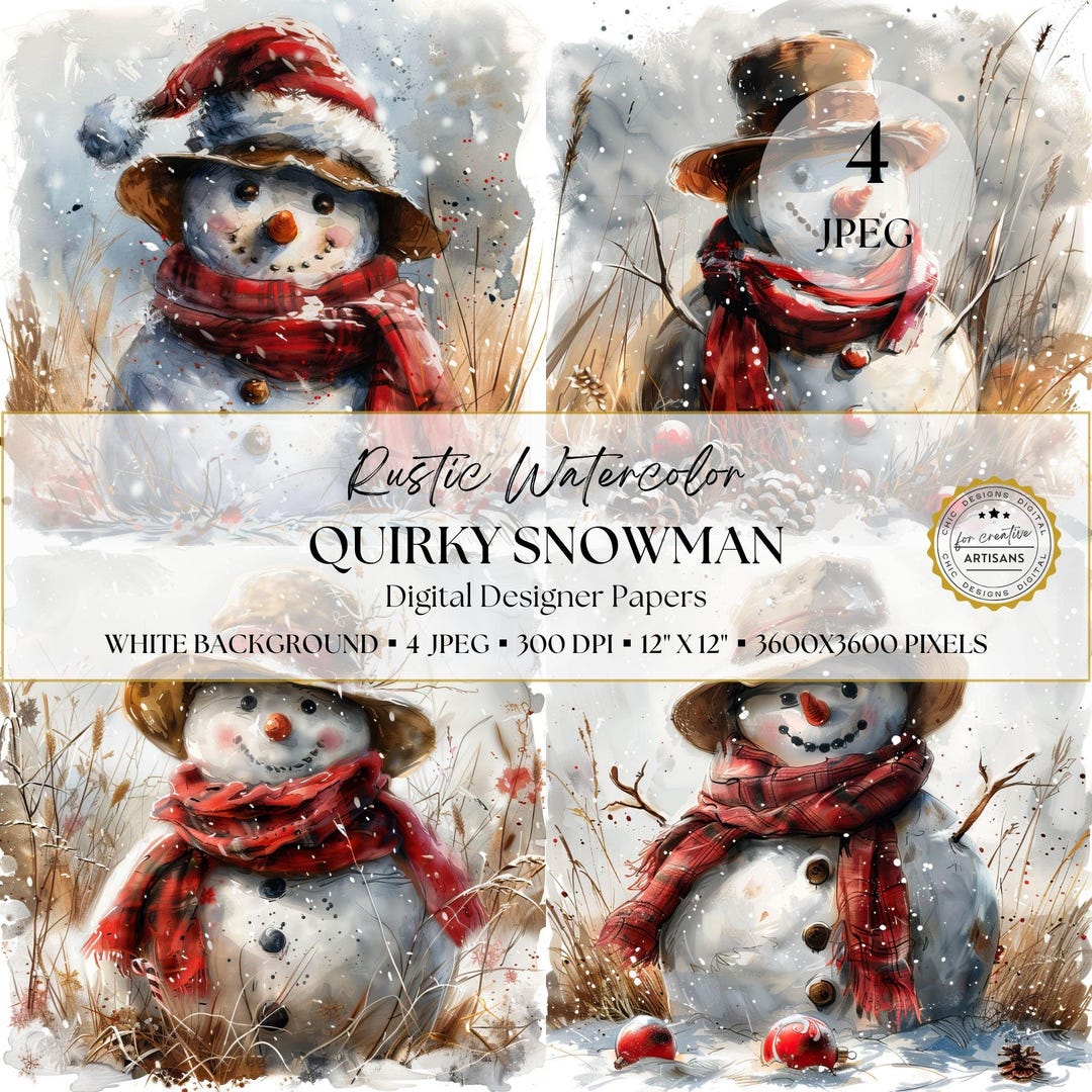 Quirky Rustic Watercolor Snowman Digital Paper, JPEG, Whimsical Holiday ...