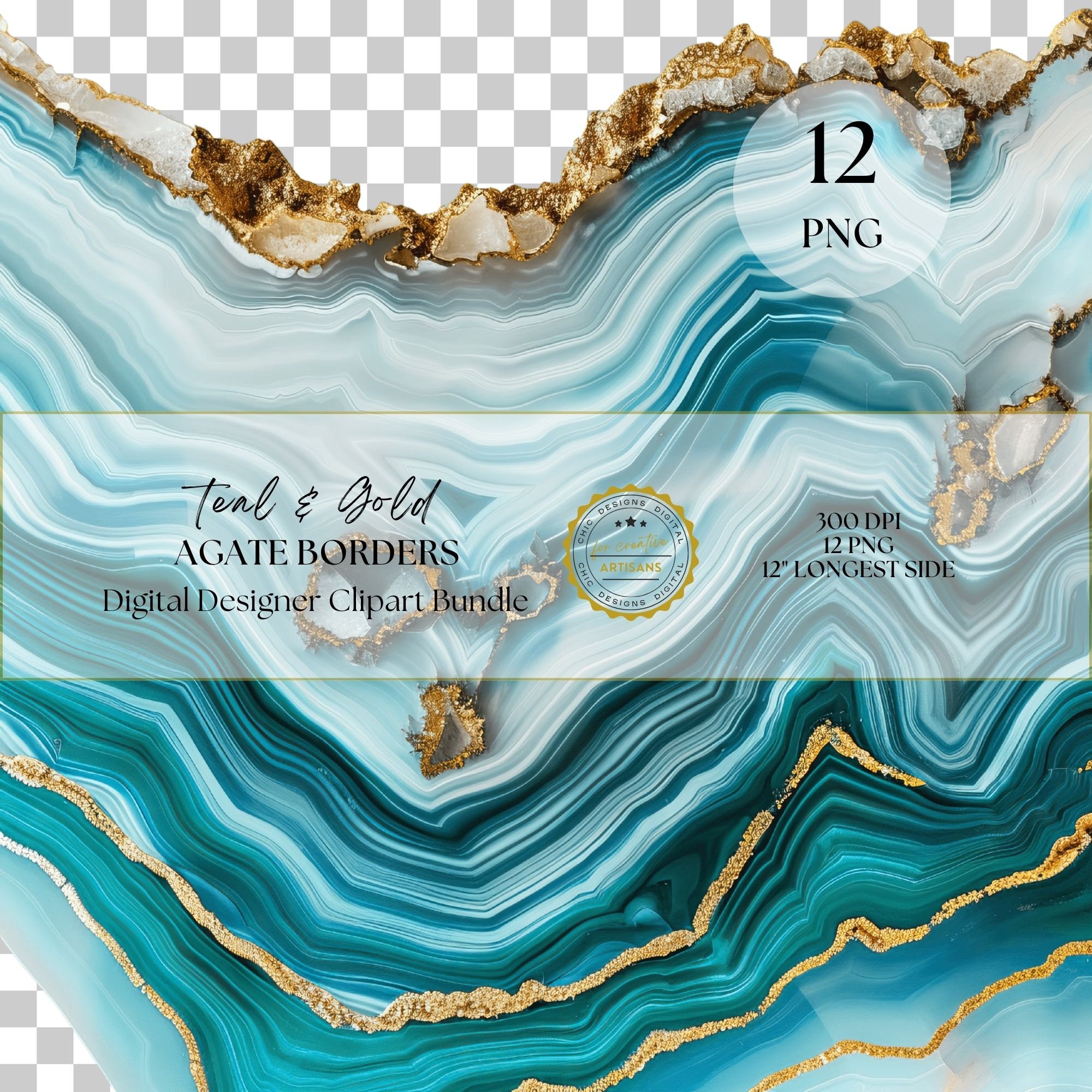Teal & Gold Agate Borders, Marble Texture Clipart, 12 Pngs, 300 DPI ...