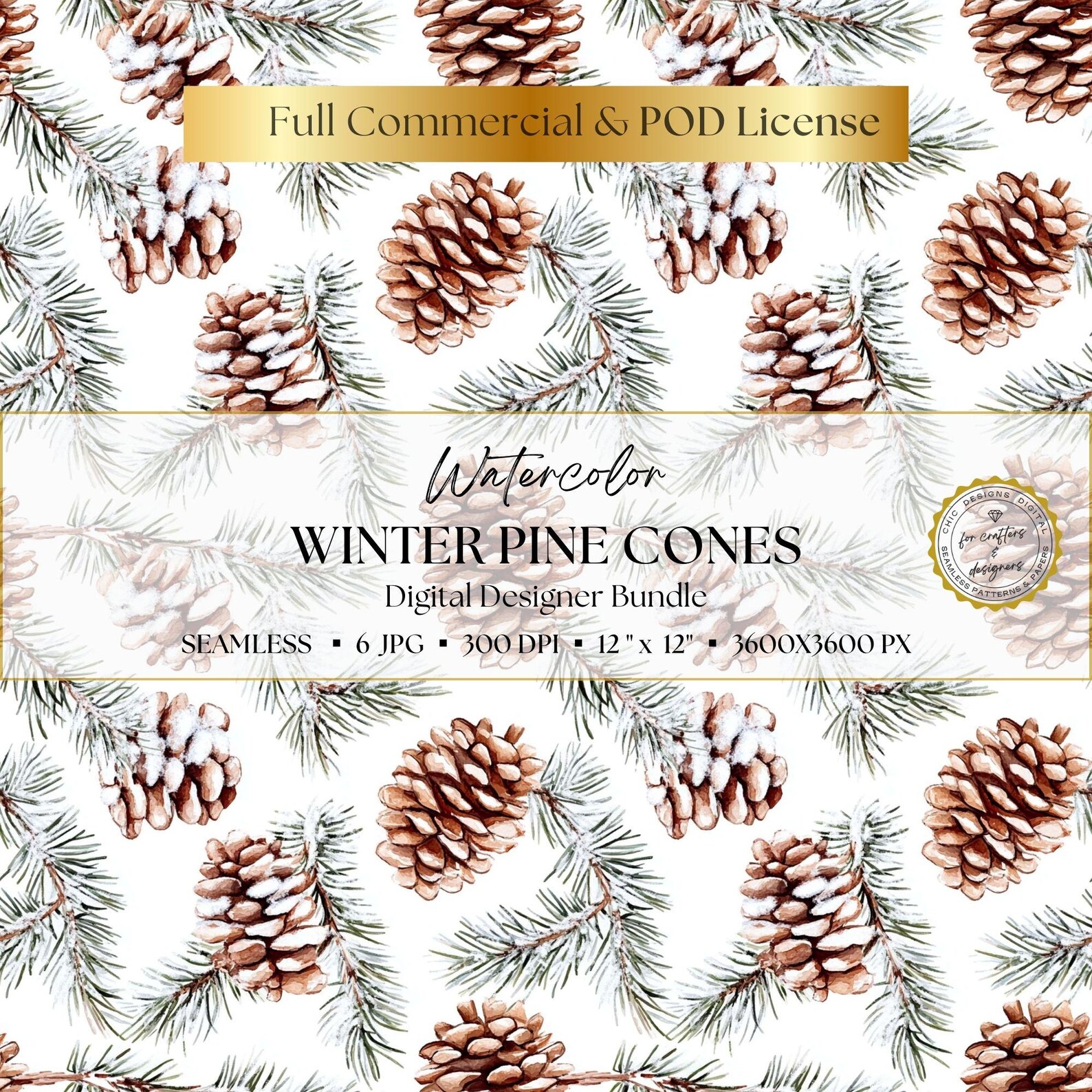 Pine Cones Digital Papers, 6 Seamless Winter Patterns, Pine Branch ...