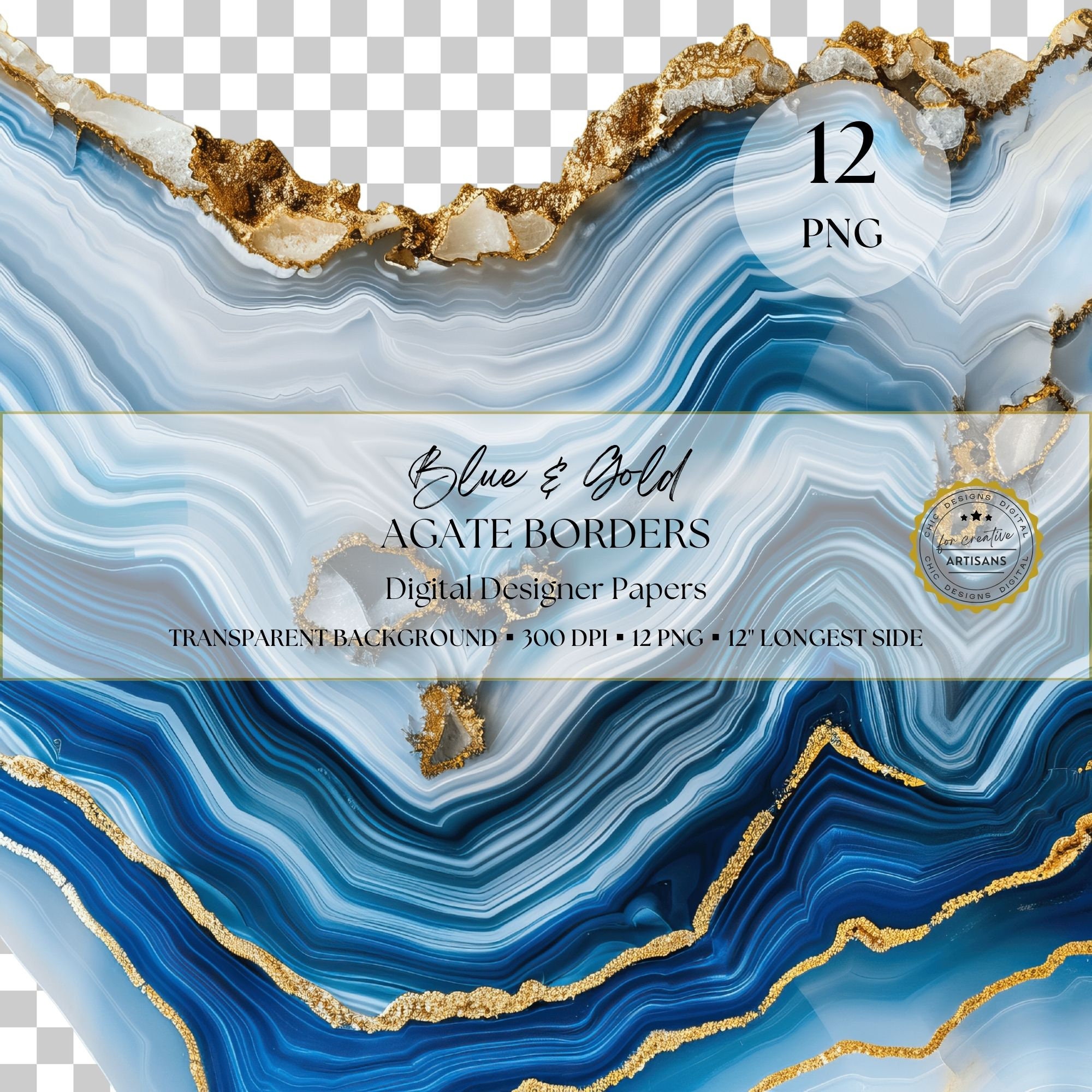 Blue & Gold Agate Borders, Marble Texture Clipart, 12 PNG, 300 DPI ...
