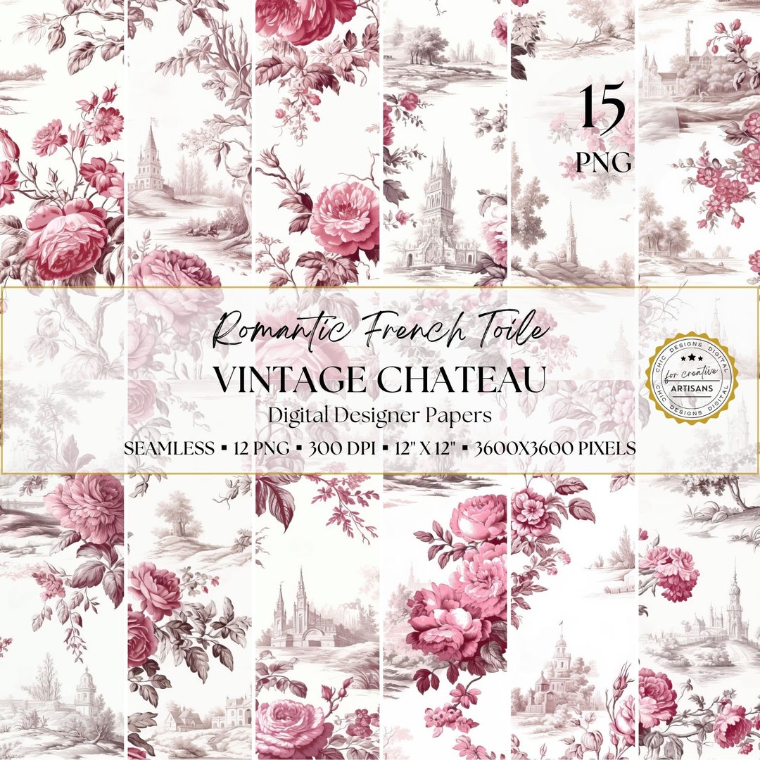 Vintage Chateau Pink Toile Digital Paper Pack, Blush & Sepia Floral and ...