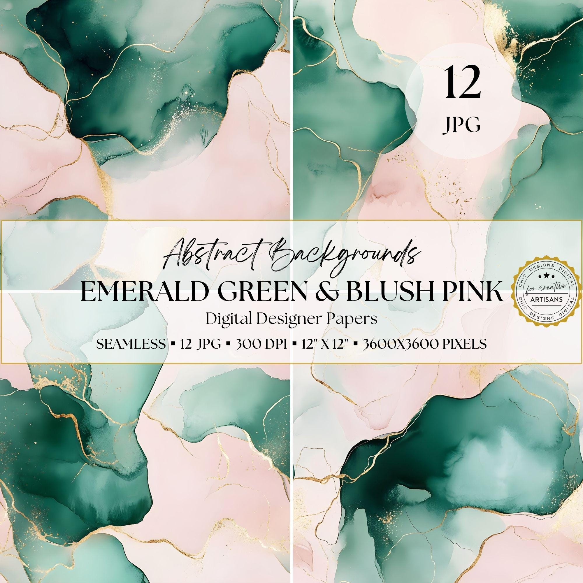 12 Abstract Digital Papers, Emerald Green & Blush Pink Backgrounds With ...
