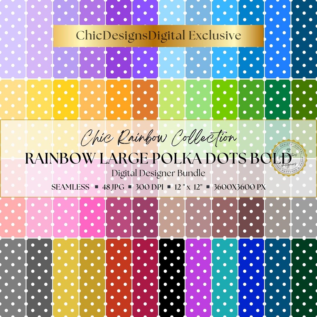 Rainbow Large Polka Dot Digital Papers: 48 Seamless White Dot Patterns ...