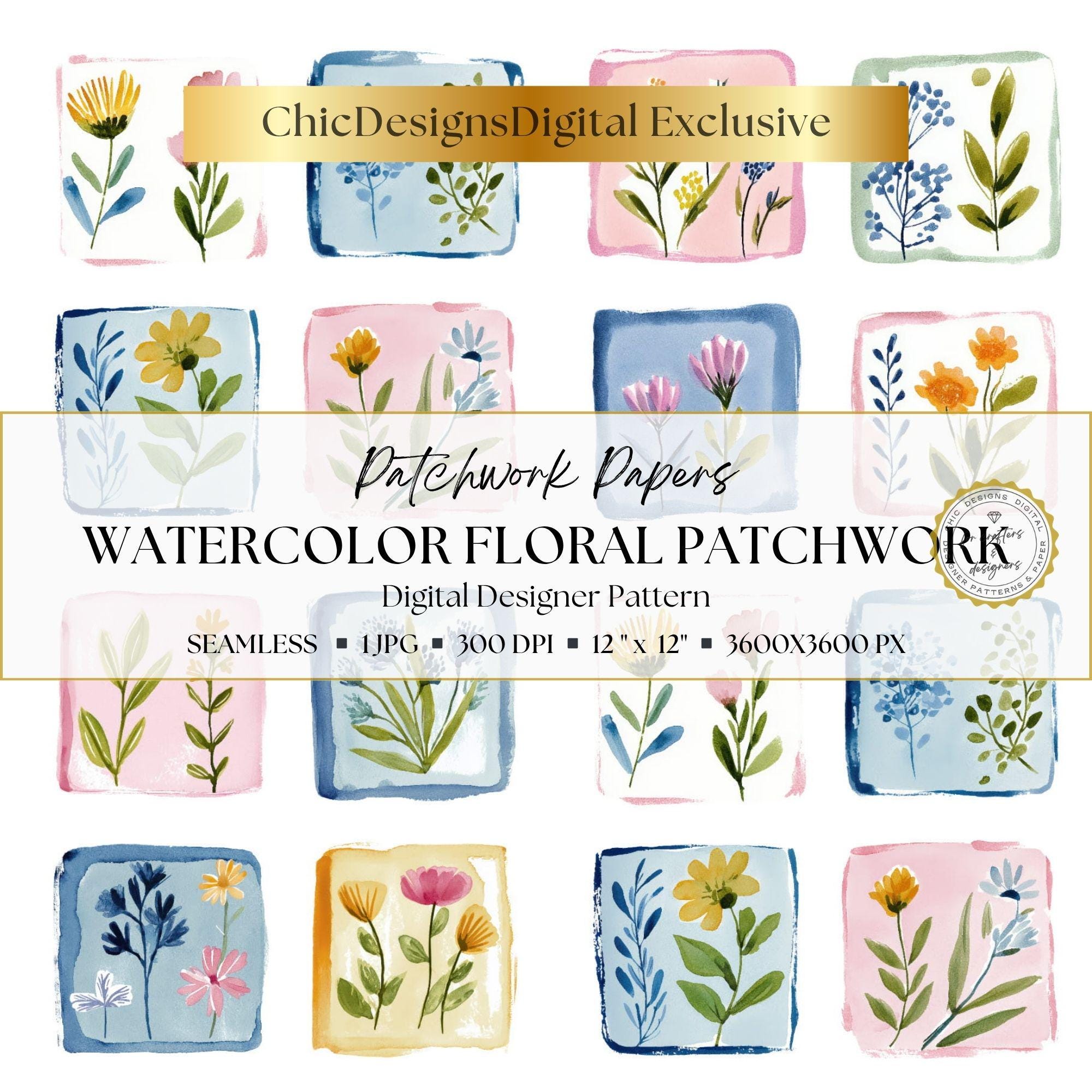 Watercolor Floral Patchwork Seamless Pattern: Cottage Quilt Blocks ...