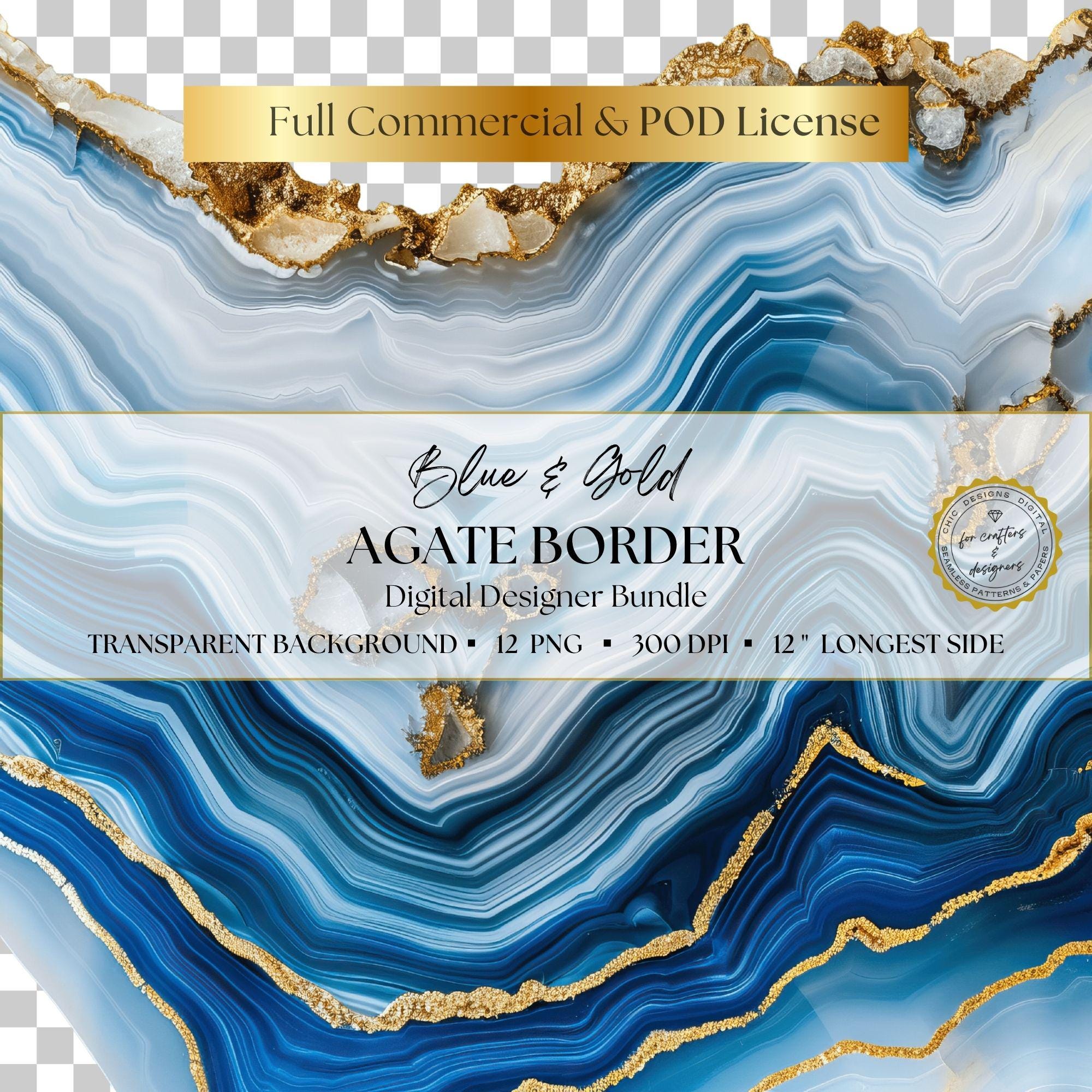 Blue & Gold Agate Borders, Marble Texture Geode Elements, PNG Overlays ...