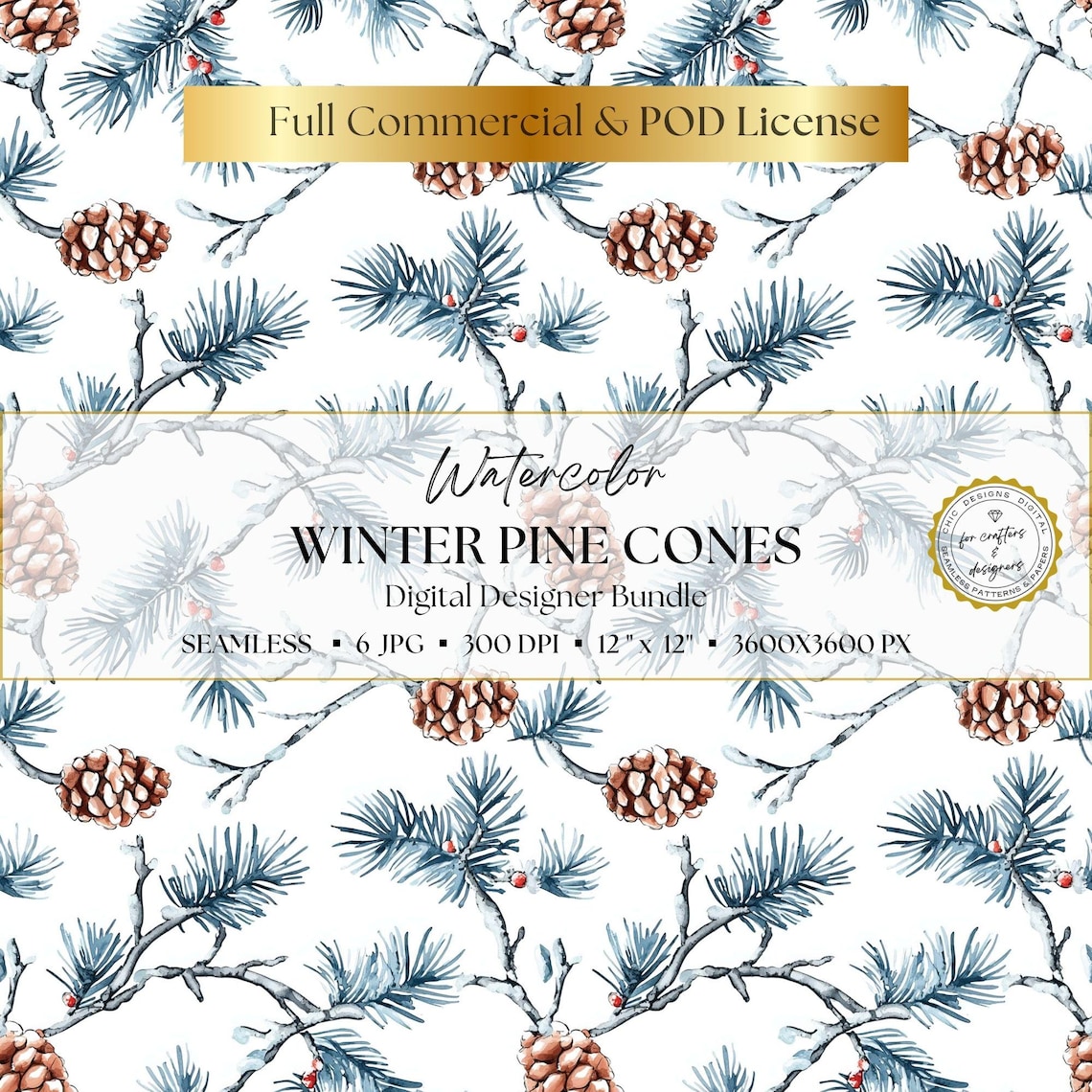 Pine Cones Digital Papers, 6 Seamless Winter Patterns, Pine Branch ...