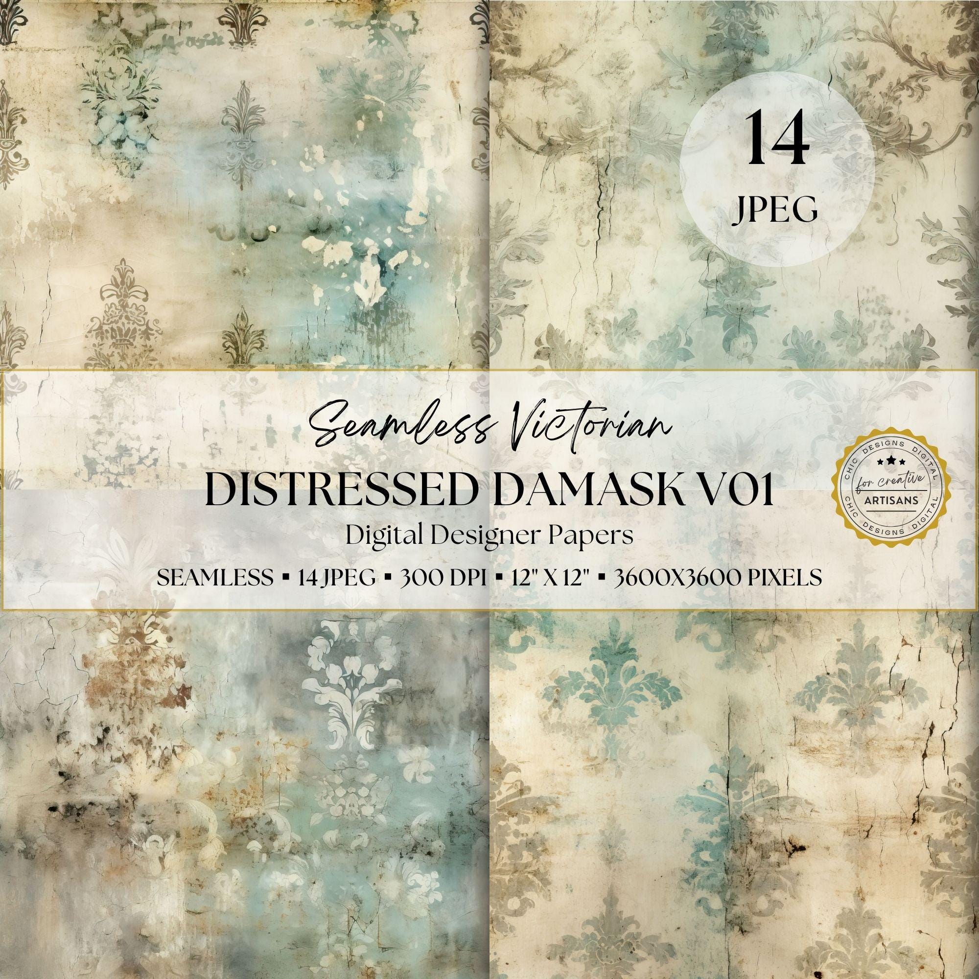 Distressed Victorian Damask Digital Paper, Seamless Vintage Pattern ...