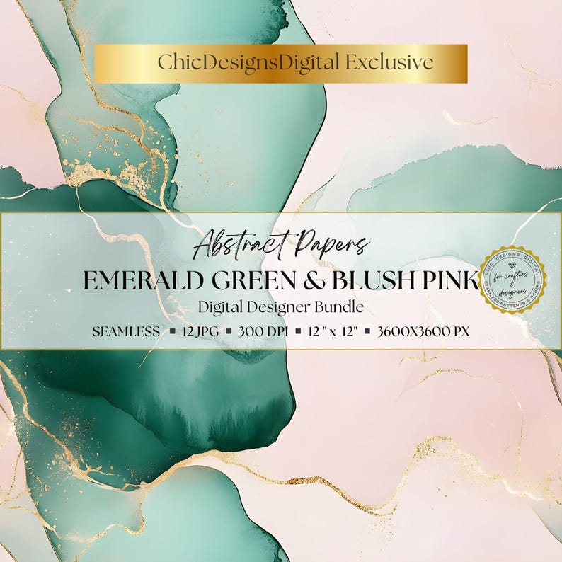 Alcohol Ink Digital Papers in Green, Pink & Gold: 12 Seamless Abstract ...